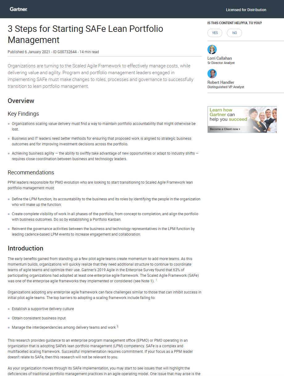 Gartner: 3 Steps for Starting SAFe Lean Portfolio Management